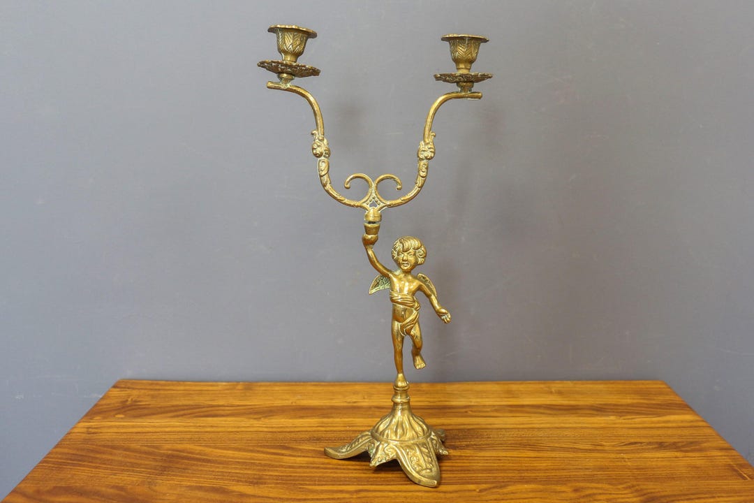 Brass Candle Holder With Cherub and Two Arms. Vintage Brass Candlestick ...