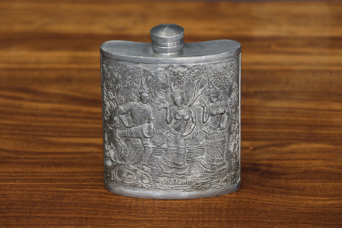 Tin Thailand Flask With Art Ornaments Embossed Flask With - Etsy