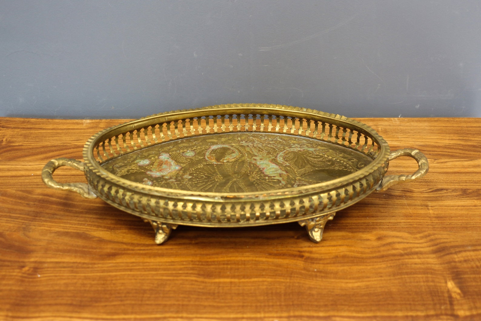 Brass Engraved Arabic Tray With Handles Islamic Etched Footed - Etsy