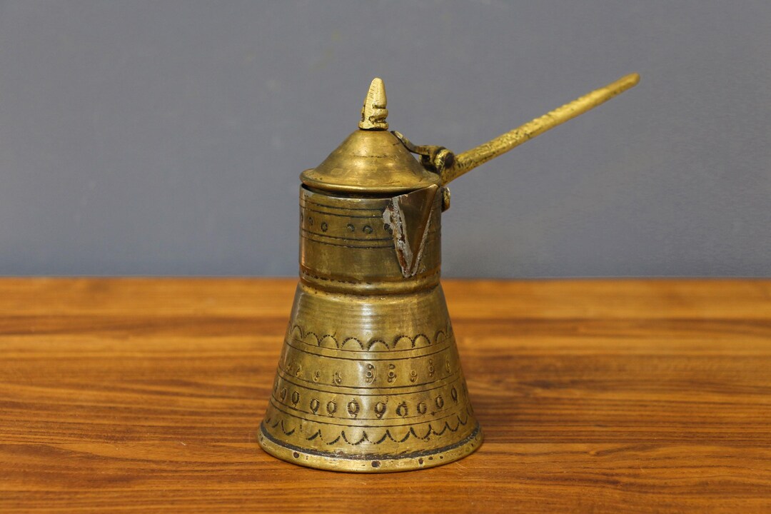 Turkish Brass Coffee Pot Lidded Engraved TOUSSI, Arabic Turkish Ibrik ...