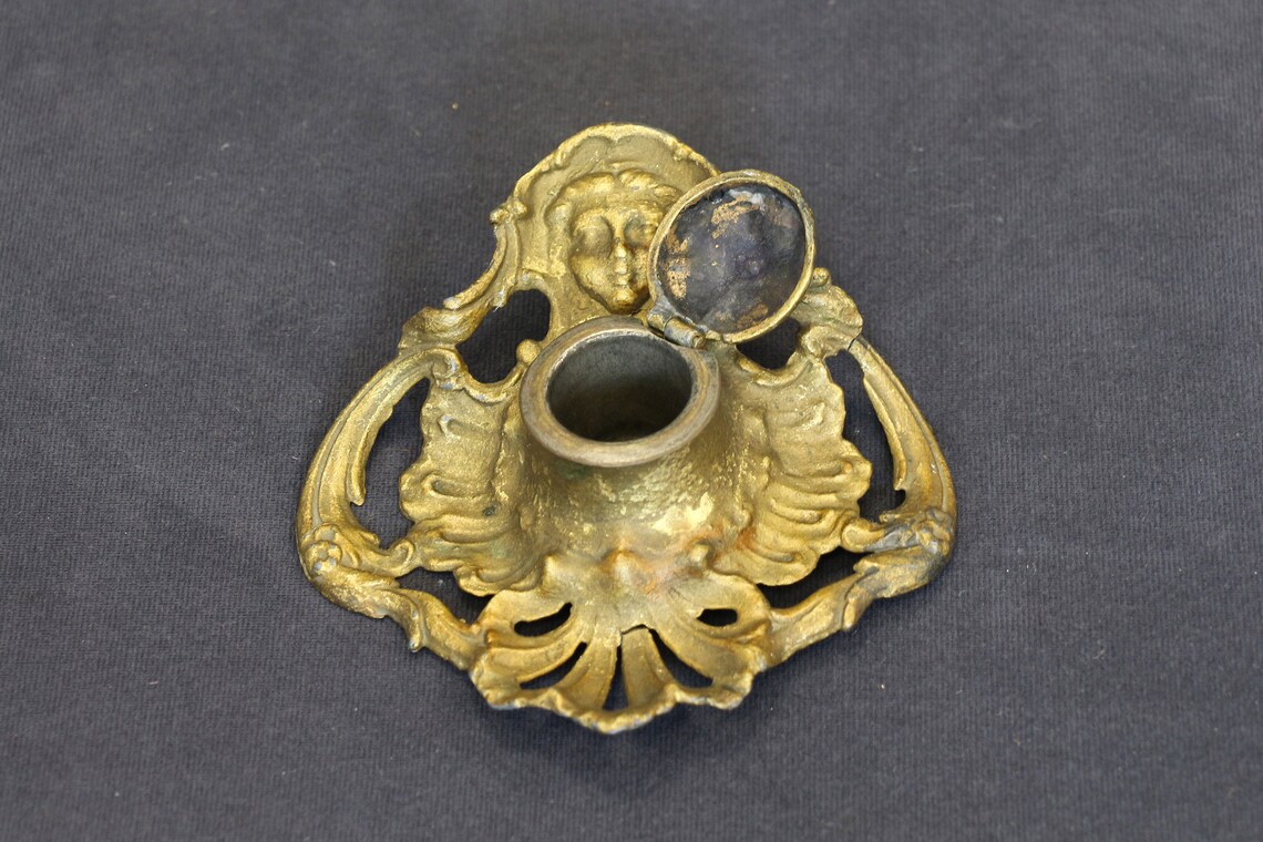 Antique Brass Inkwell With Woman Face Ornate Small Bronze - Etsy