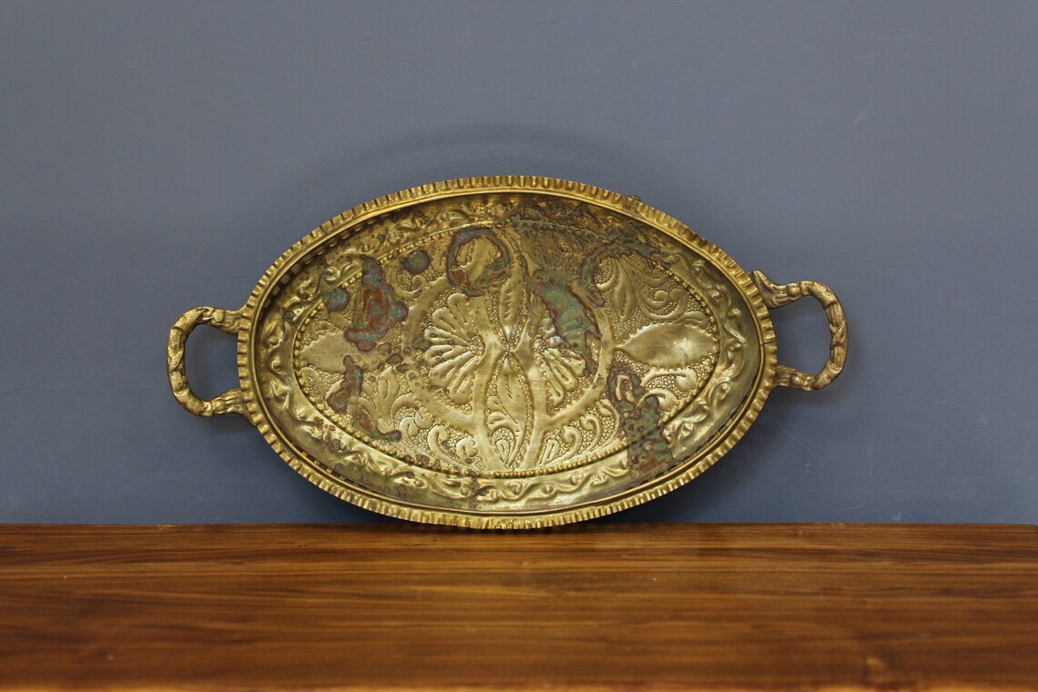 Brass Engraved Arabic Tray With Handles Islamic Etched Footed - Etsy