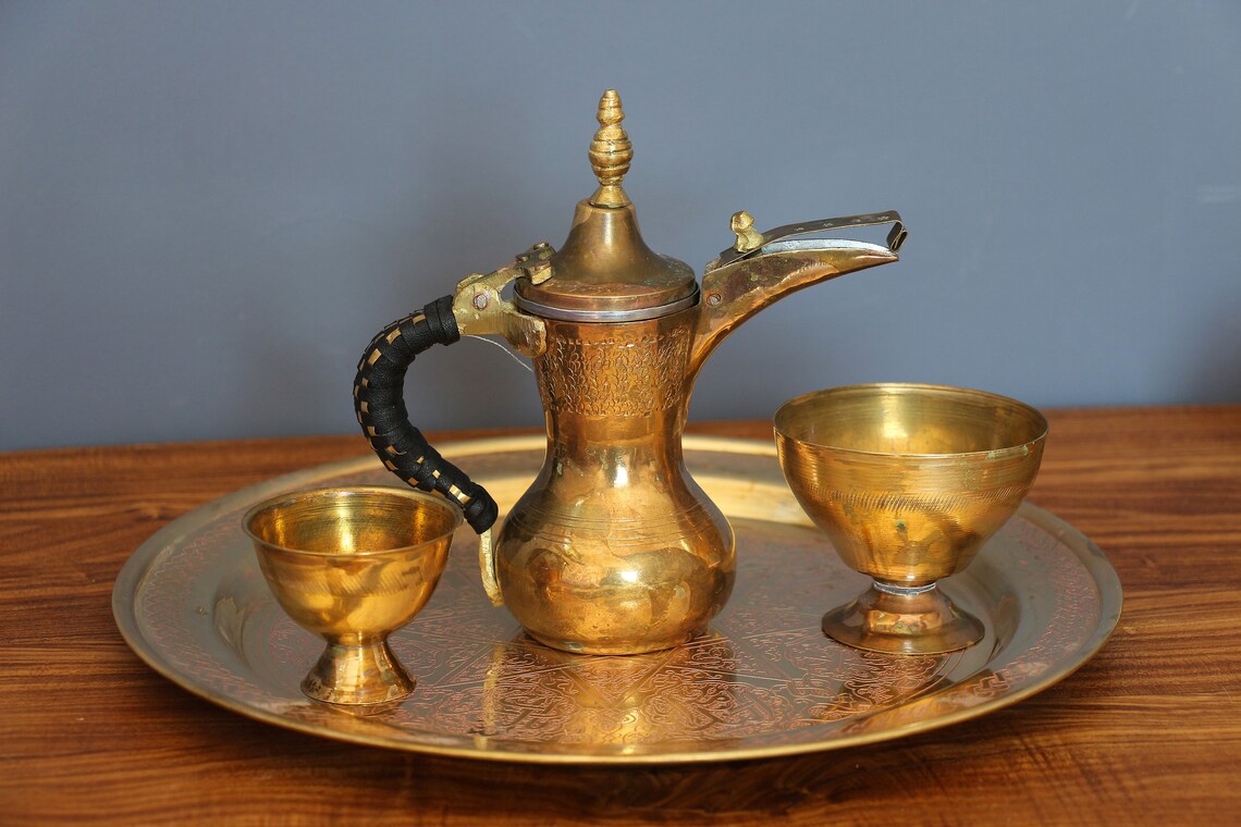 Vintage Dallah Turkish coffee set. Brass Islamic pot cups | Etsy