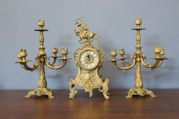Brass Mantel Clock With Candle Holders Set Fireplace Clock With Two Candelabras Brass Table Clock With Man on Horse 5 Arms Candlesticks. Etsy UK