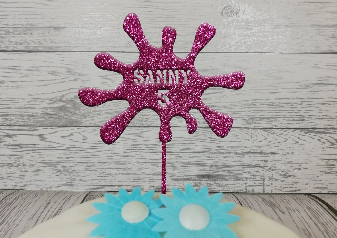 Personalised Wooden Birthday Slime Splat Cake Topper Glitter Any Name ...