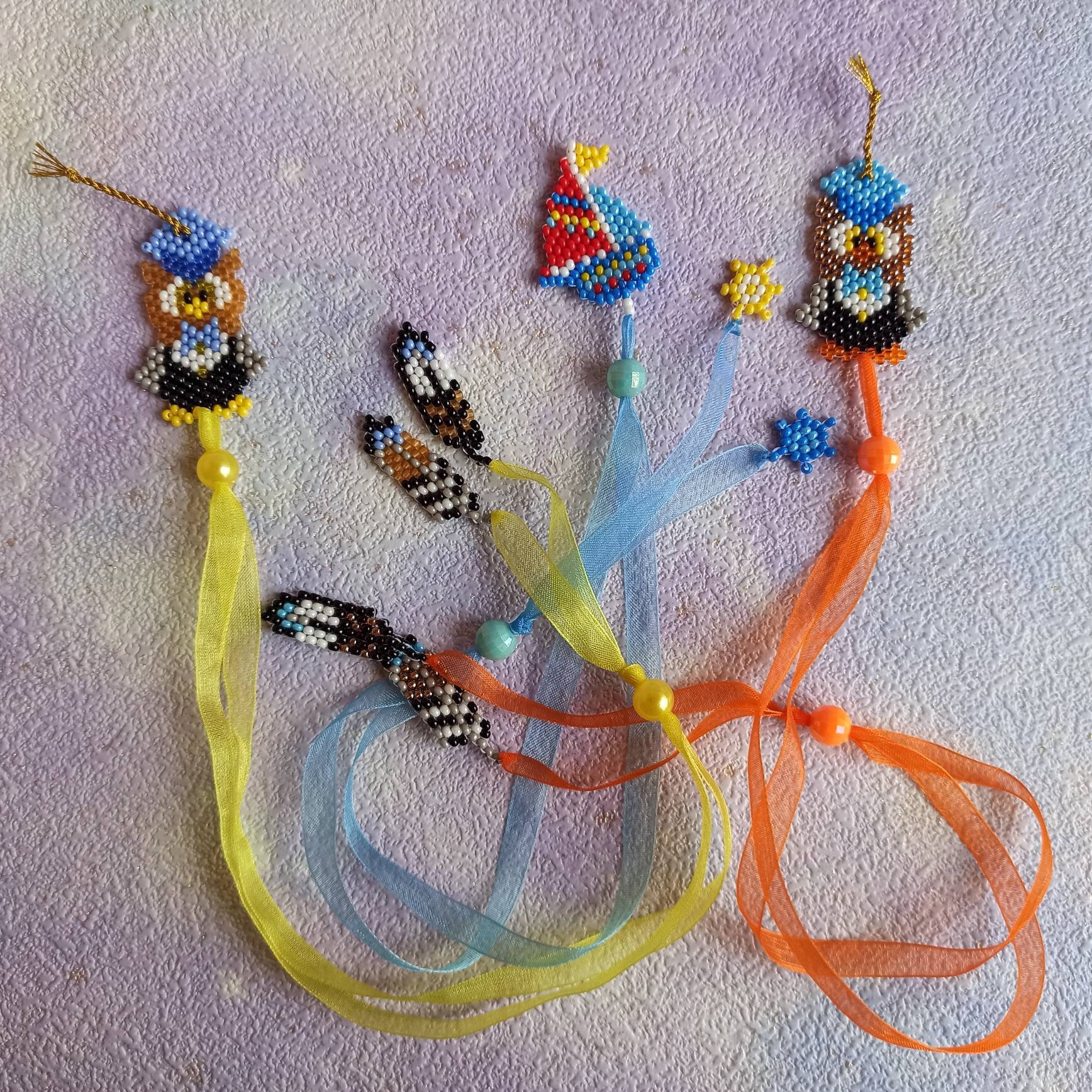 Lot of Three Bead Bookmarks Owl and Ship Handmade Bookmark , String ...