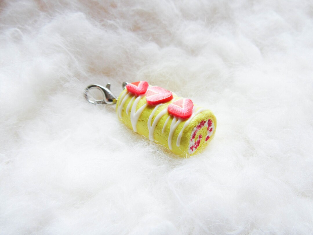 Strawberry Cake Charm, Polymer Clay Charm, Cake Roll, Clasp Charm, Cute ...