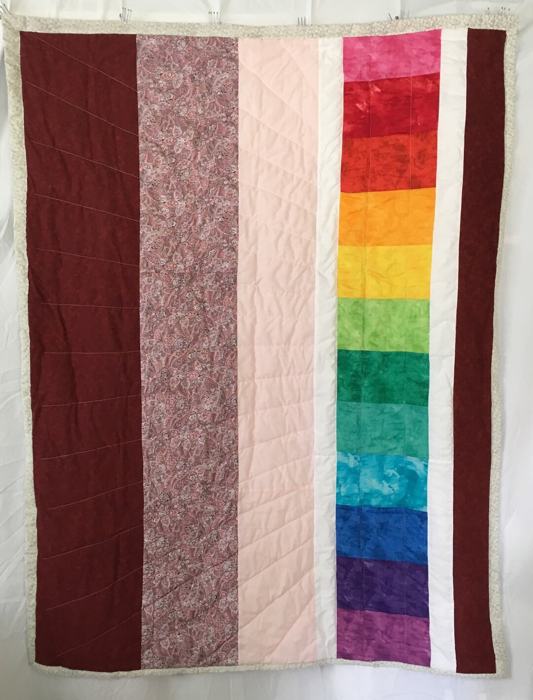 Burgundy Red Pink Paisley Rose Rainbow Throw Lap Sofa Quilt LGBTQ Pride ...