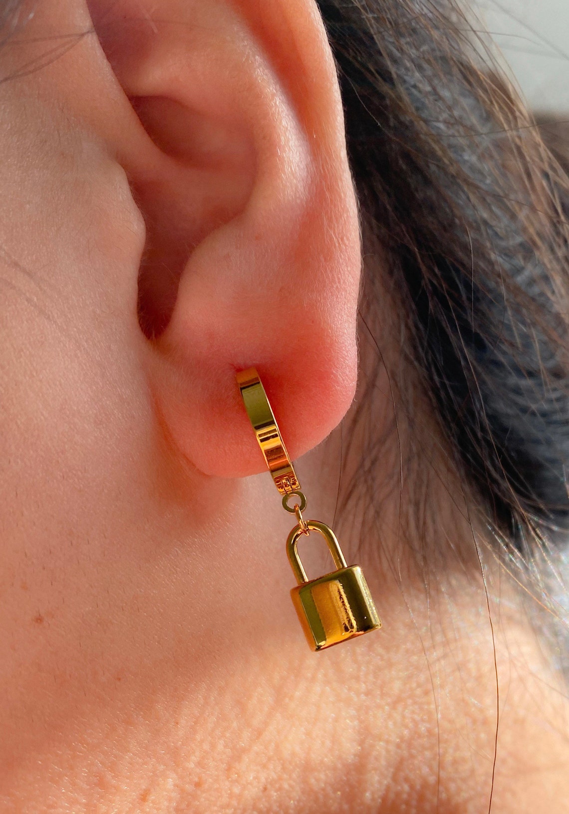 18K Tiny Lock Hoop Earrings Stainless Steel Gold or Silver | Etsy