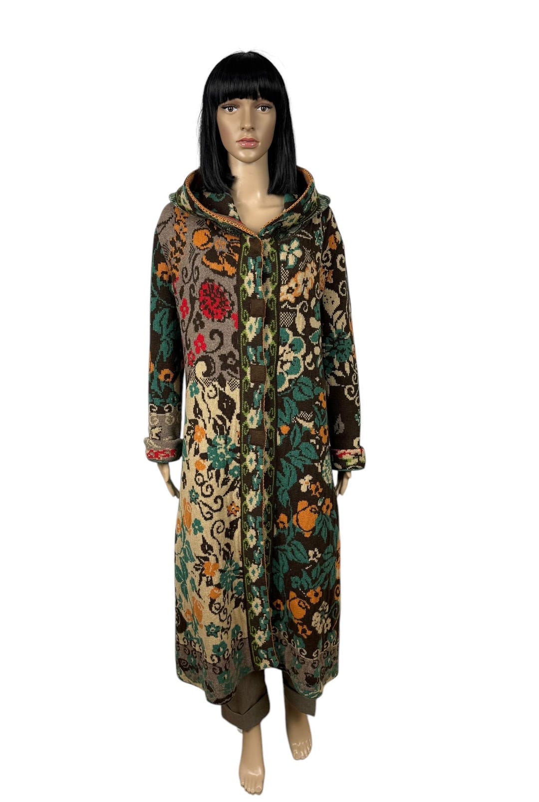 Ivko Wool Long Coat Hooded Printed Knitted Overcoat Size M - Etsy