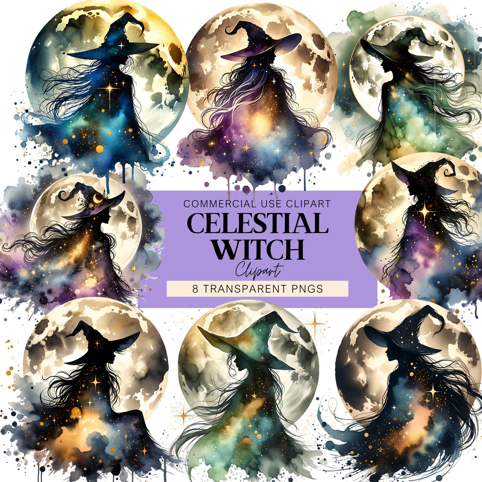 Celestial Witch in Full Moon PNG, Witch Clipart Watercolor Mystical ...