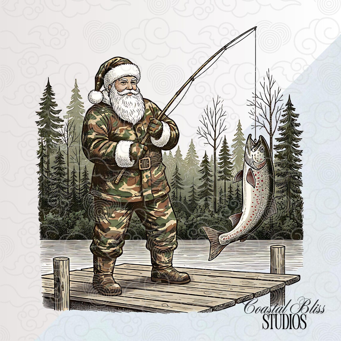 Santa Fishing, Santa Trout Fishing Camo Christmas, Santa on Boat ...