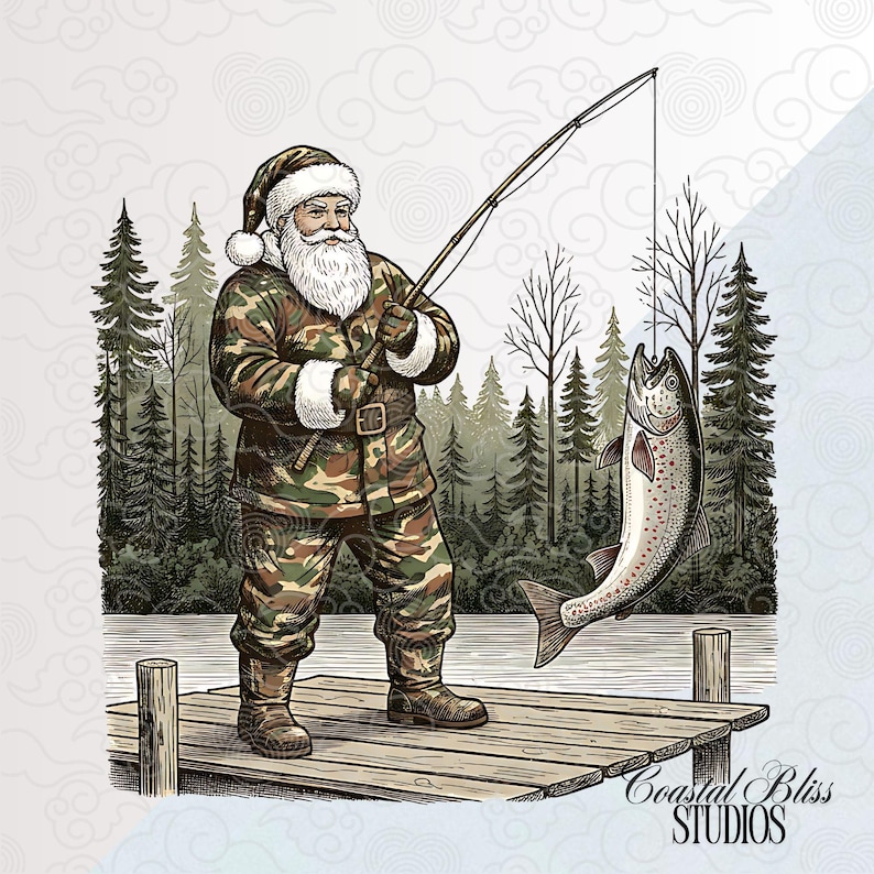 Santa Fishing, Santa Trout Fishing Camo Christmas, Santa on Boat ...