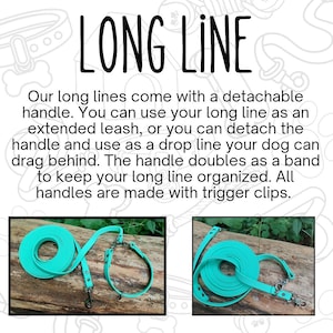 3/4" Biothane Long Line, Waterproof Dog Leash, Attatchable Handle, Drop ...