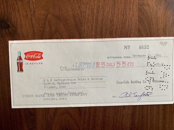 Cheque vintage de la compañía Coca Cola de 1964 único en su - Etsy México