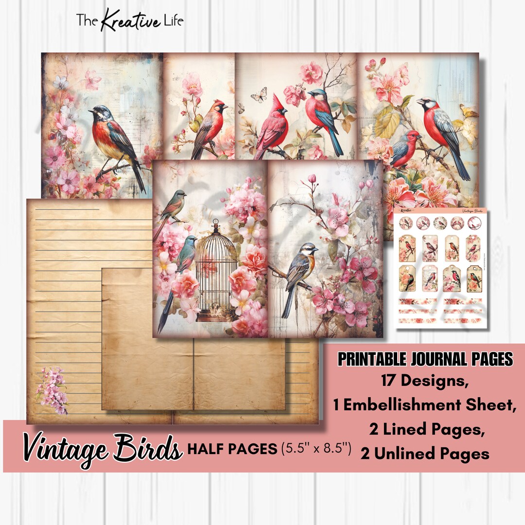 Vintage Bird Junk Journal Kit Printable Bird Scrapbook Paper Download ...