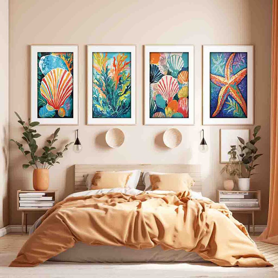 Ocean Life Printable Artwork Digital Seashell Wall Art Set of Four Art ...