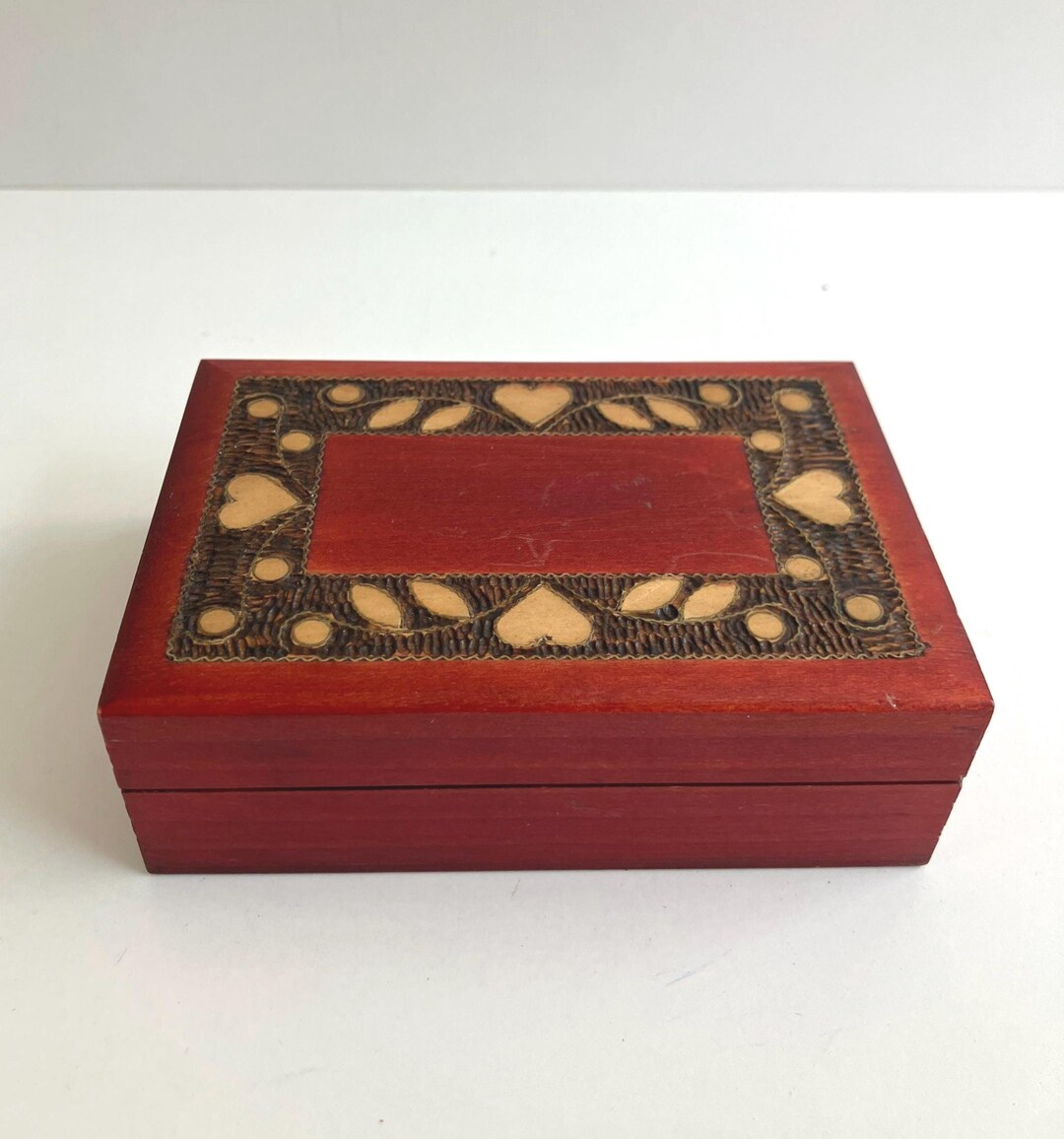 Vintage Polish Wooden Box With Carved Heart Decor / Handmade Red ...