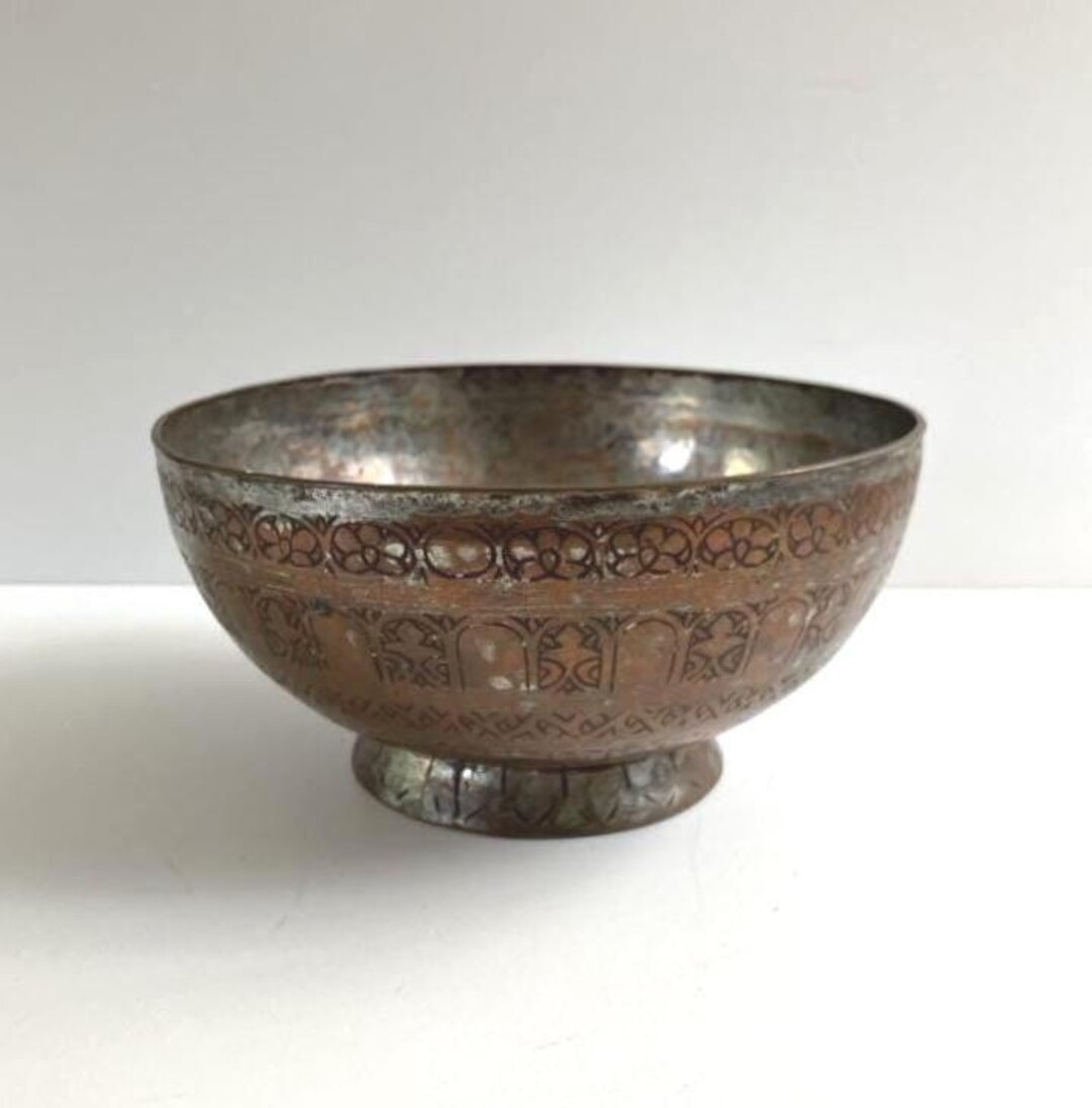 Antique Middle Eastern Handmade Footed Etched Copper Plated Bowl - Etsy