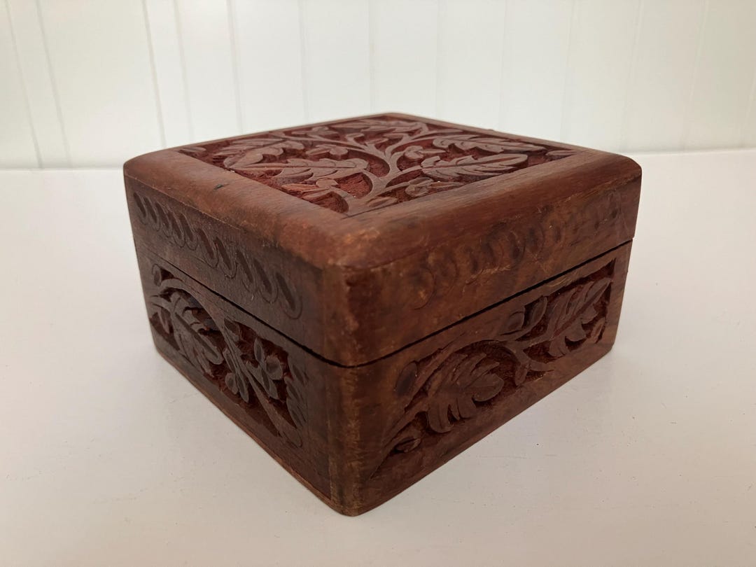 Small Carved Wooden Trinket Box / Hand Made Decorative Box / Jewelry ...