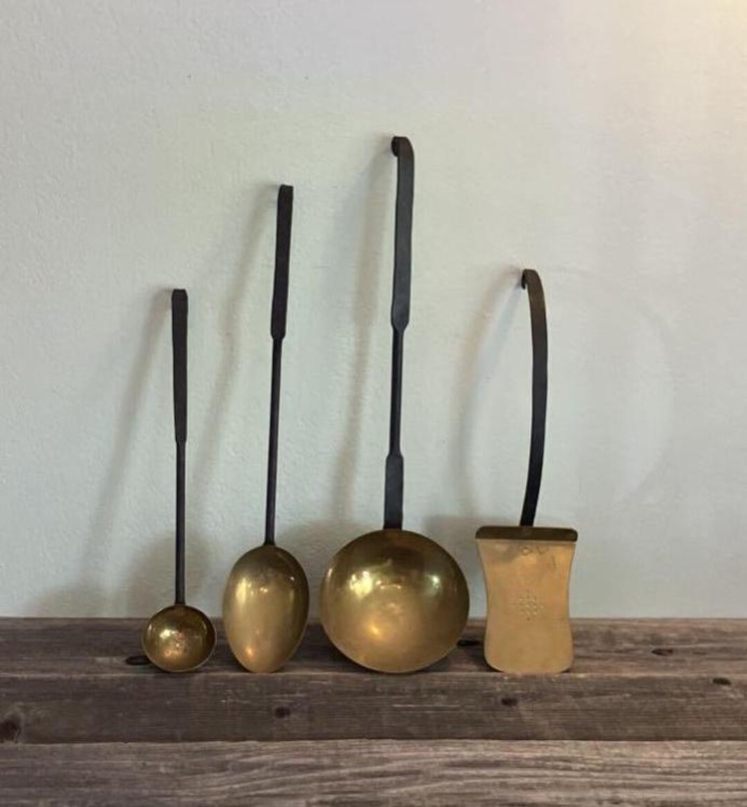 Vintage Brass and Wrought Iron Kitchen Cooking Utensil Set / Colonial ...
