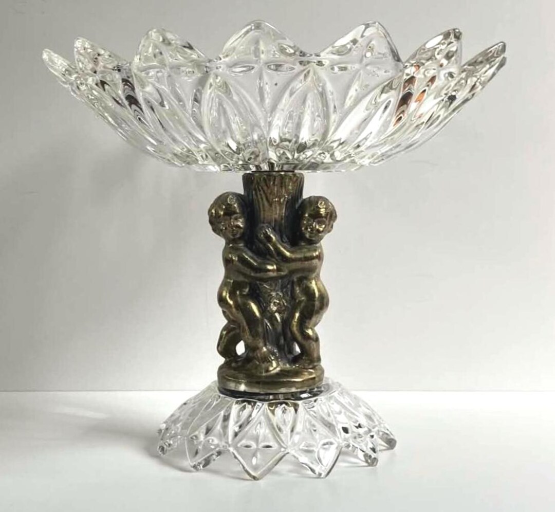 Vintage Cherub Compote Pedestal Glass Bowl Dish With Gold Tone Metal ...