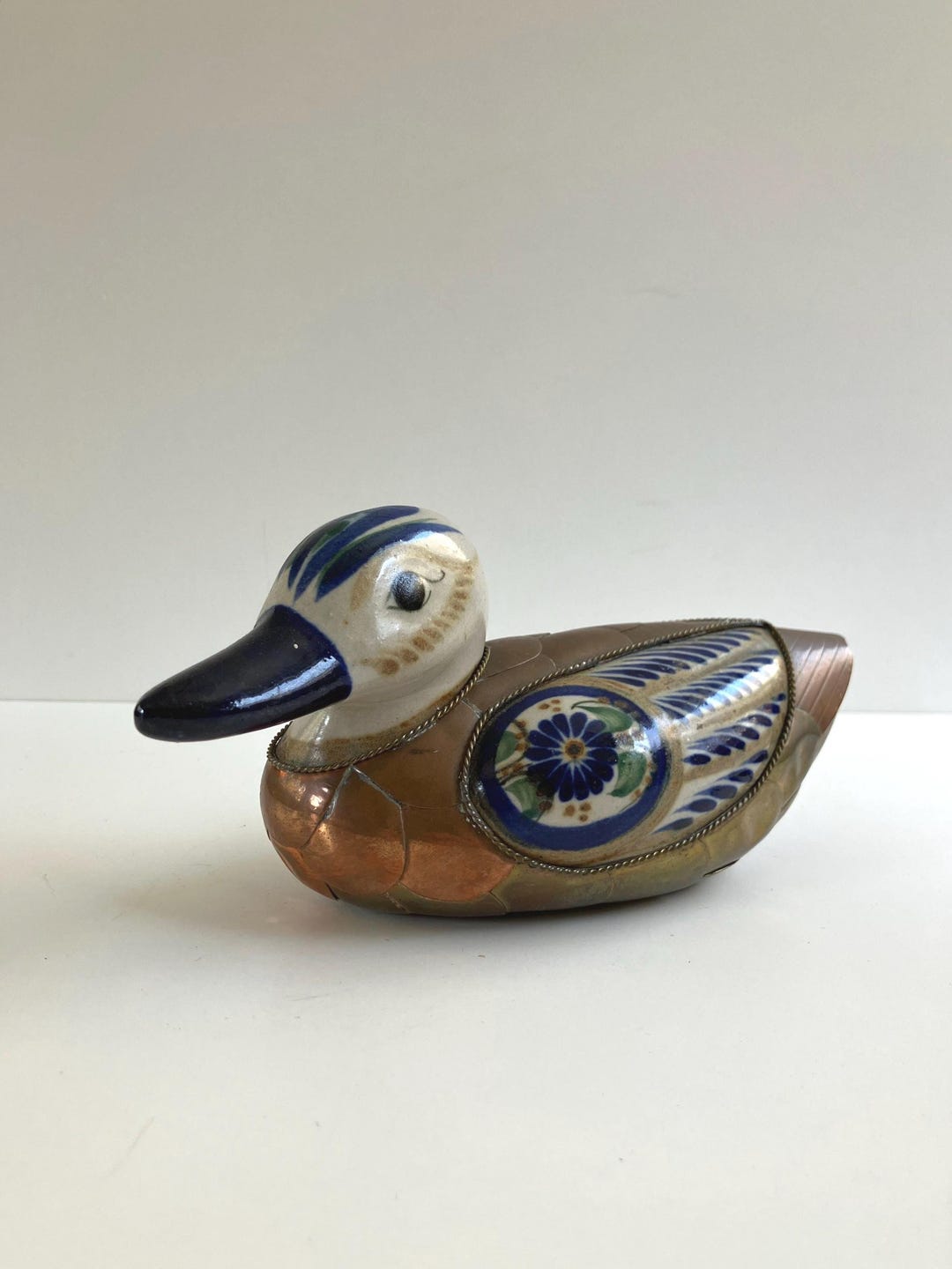 Vintage Tonala Mexican Ceramic Brass Armored Duck Bird Figurine - Etsy