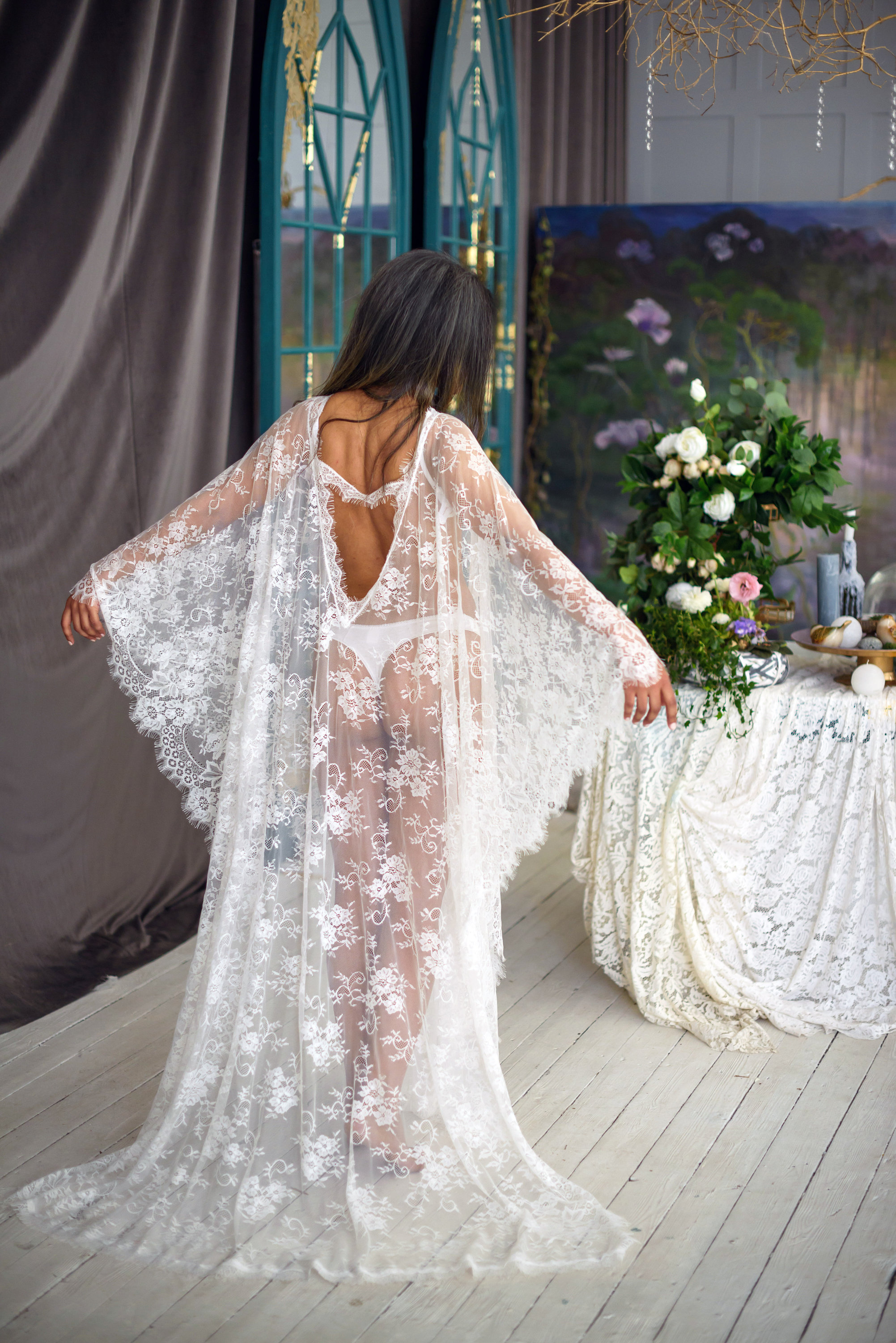 White Honeymoon Lace Lingerie Bridal Long White Lace Gown Etsy