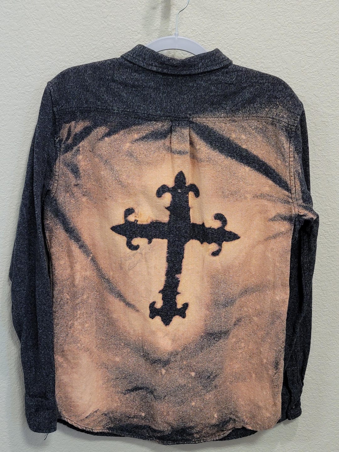 Dark Blue Denim Shirt With Bleach Distressed Cross - Etsy