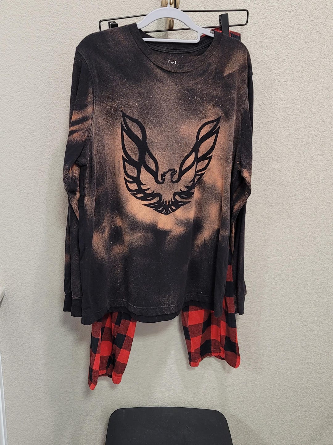 Black Shirt / Red and Black Plaid Pajamas Bleach Distressed With ...