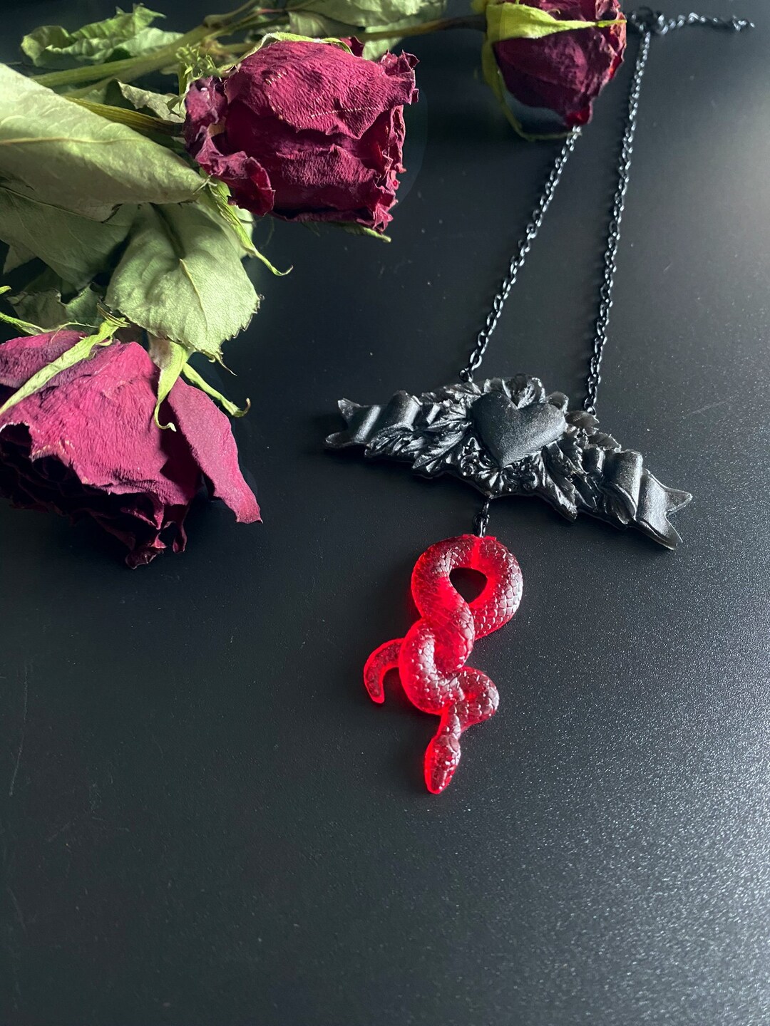 Black Heart Scroll With Blood Red Snake Pendant Statement Necklace With ...