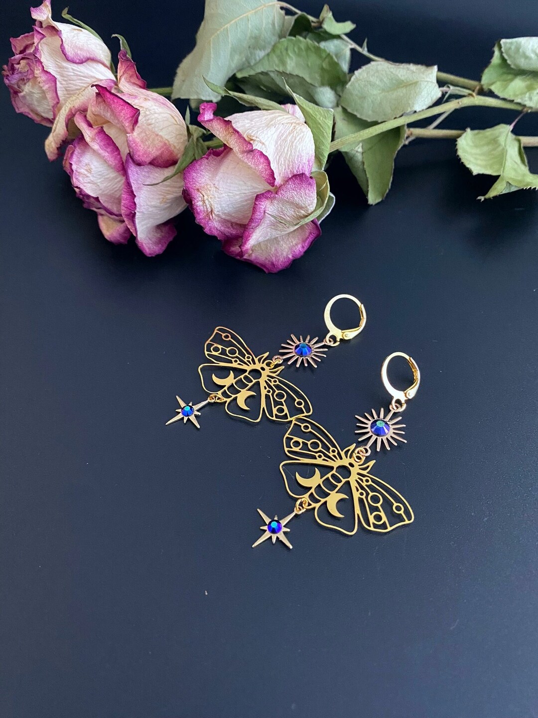 Gold Tone Star and Moth/butterfly Drop/dangle Statement Earrings longer ...