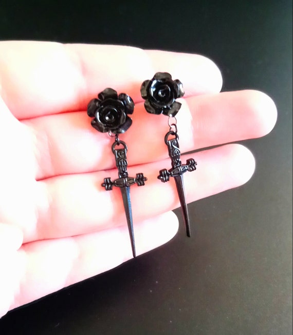 Pitch Black Rose and Sword/dagger/athame Dangle/drop Stud - Etsy