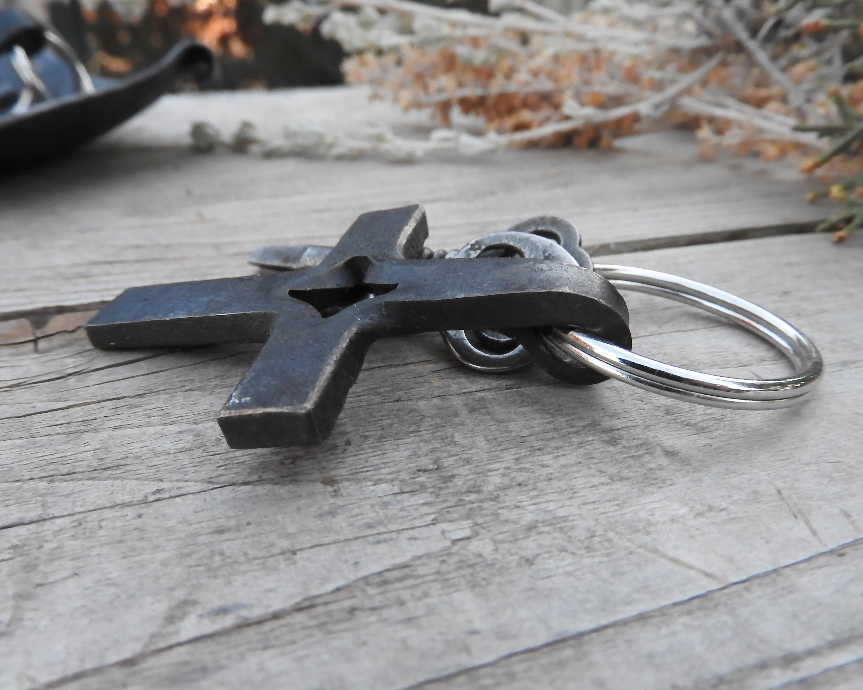 Metal Cross Keychain, Hand Forged Cross, Gift for Him, Blacksmith Item ...