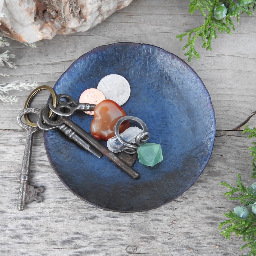 Hand Forged Textured Metal Jewelry Dish, Round Metal Key Dish, Jewelry ...