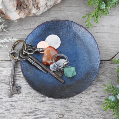 Hand Forged Hammered Round Metal Jewelry Dish Key Dish - Etsy