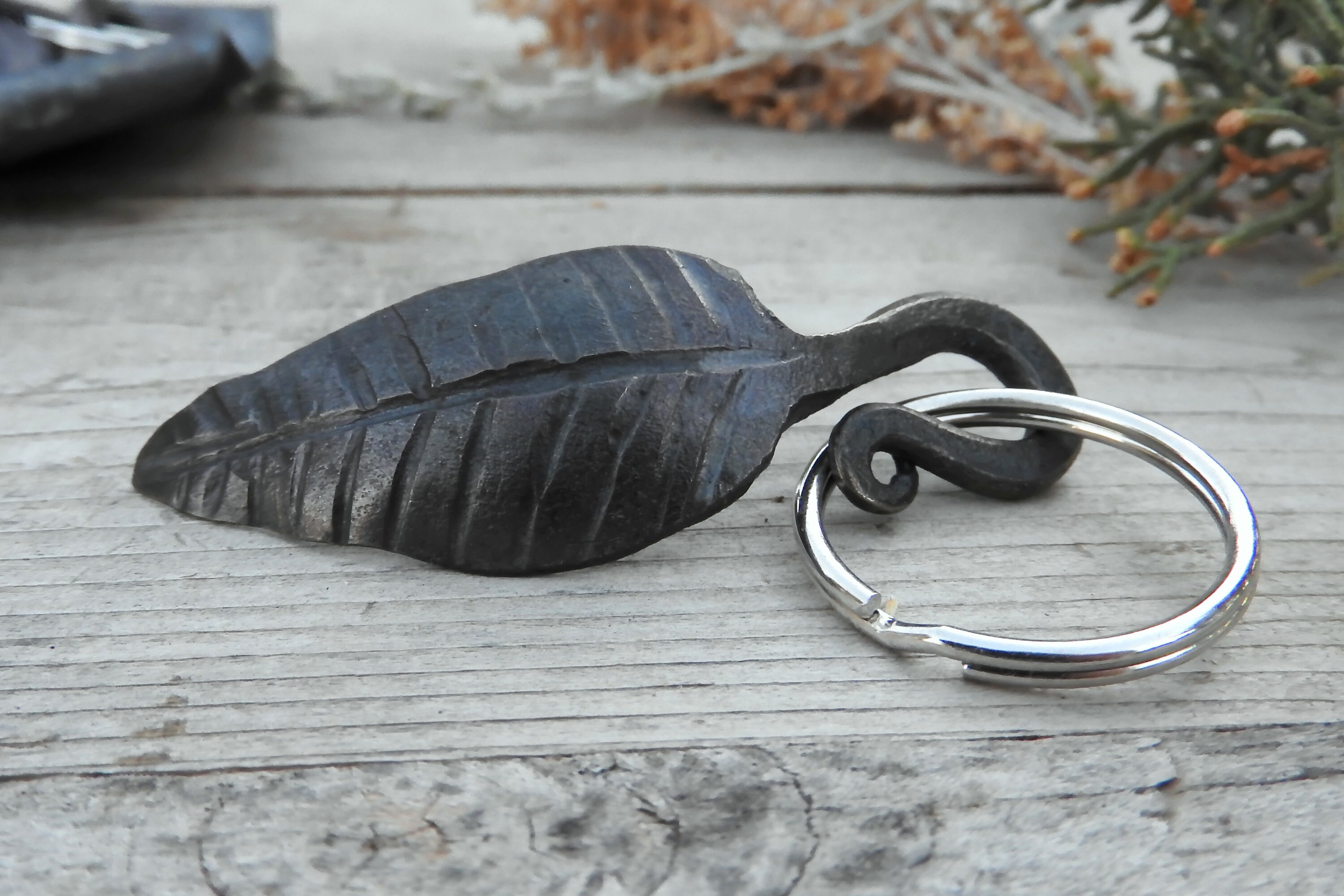 Hand Forged Iron Leaf Keychain, Gift for Nature Lover, Gift for Him ...