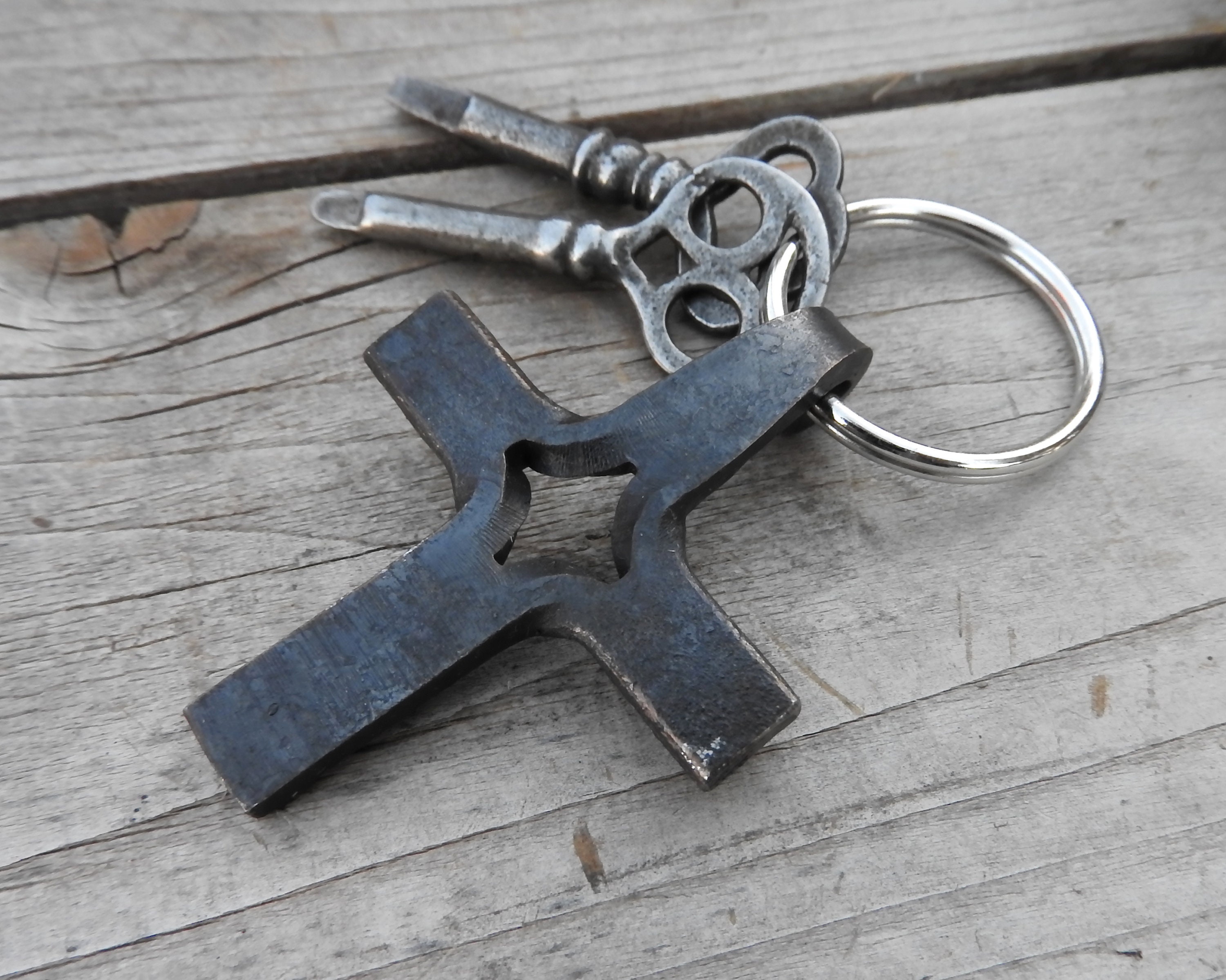 Metal Cross Keychain, Hand Forged Cross, Gift for Him, Blacksmith Item ...