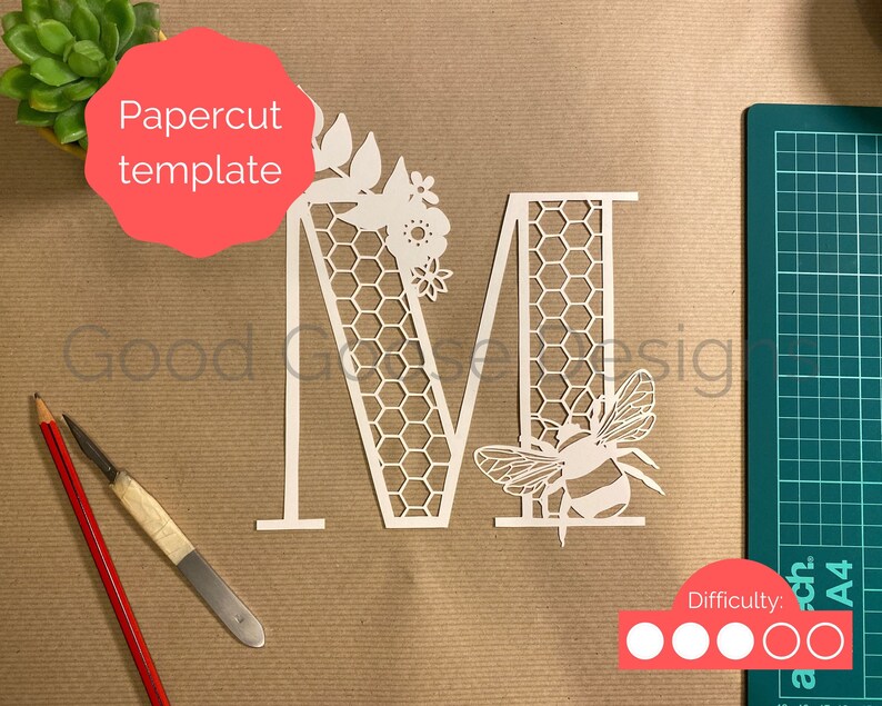 Letter M papercut template bee honeycomb flowers | Etsy
