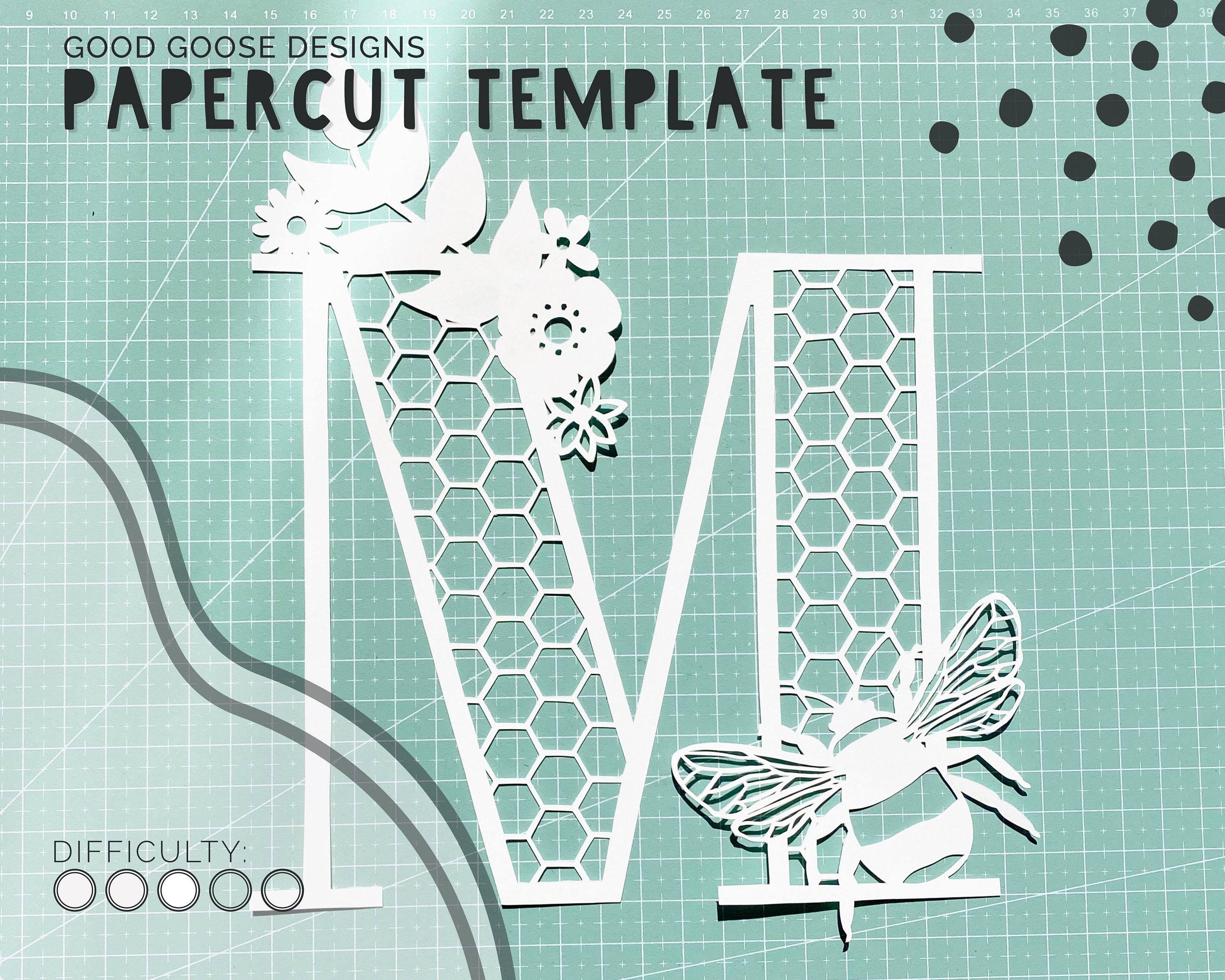 Letter M Papercut Template Bee Honeycomb Flowers | Etsy