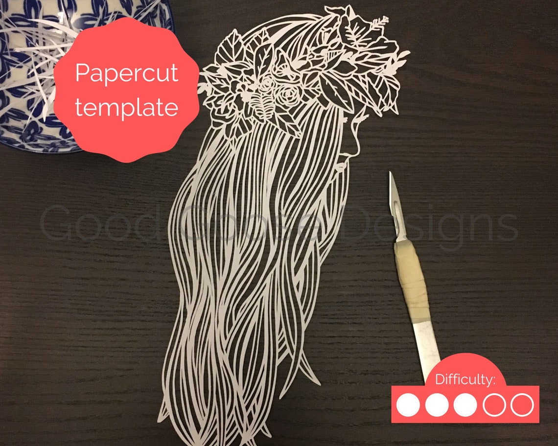 Boho long hair with flower crown papercut template PDF | Etsy