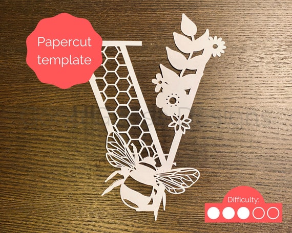 Letter V papercut template bee honeycomb flowers | Etsy
