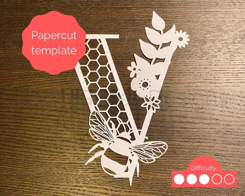 Letter V papercut template bee honeycomb flowers | Etsy