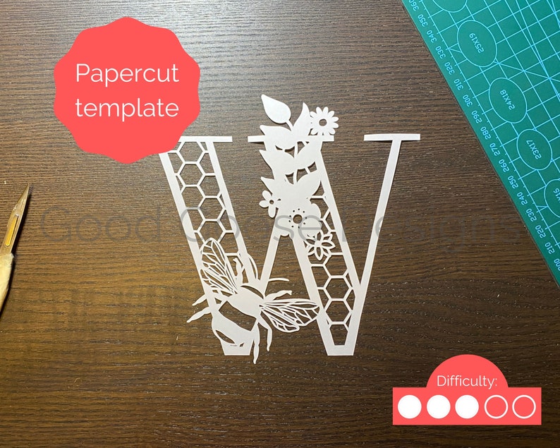 Letter W papercut template bee honeycomb flowers | Etsy
