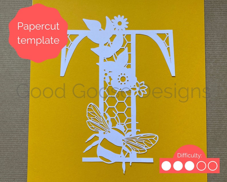 Letter T papercutting template bee honeycomb flowers | Etsy