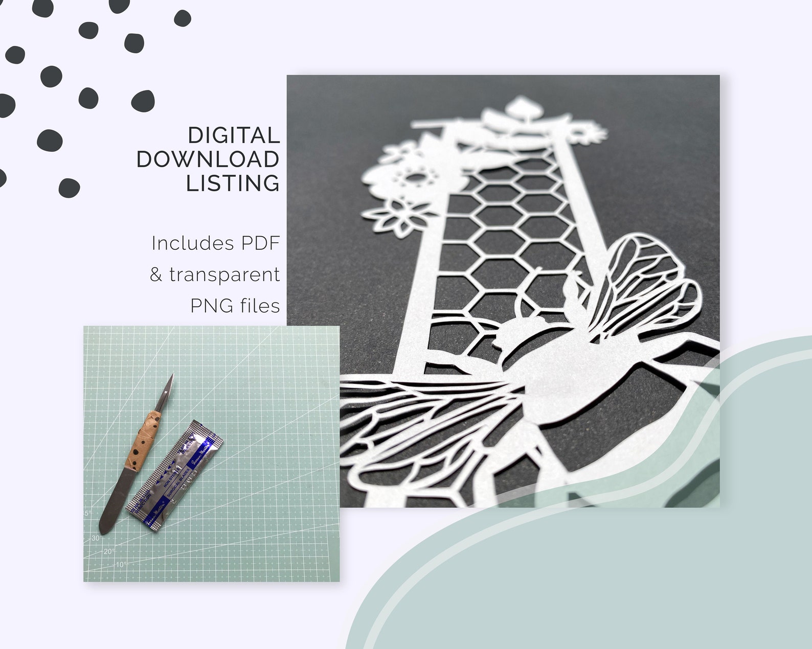 Letter I Papercut Template Bee Honeycomb Flowers PDF SVG - Etsy