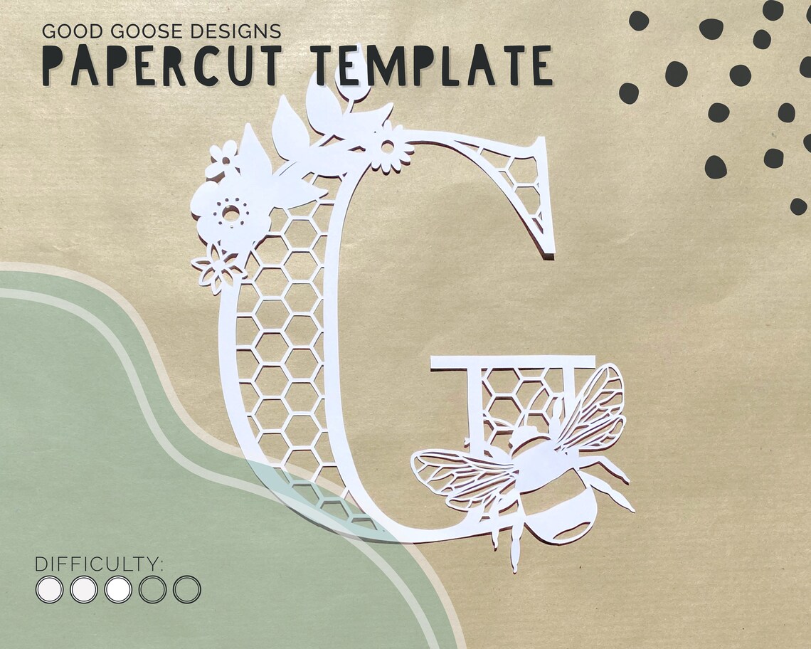 Letter G papercut template bee honeycomb flowers | Etsy