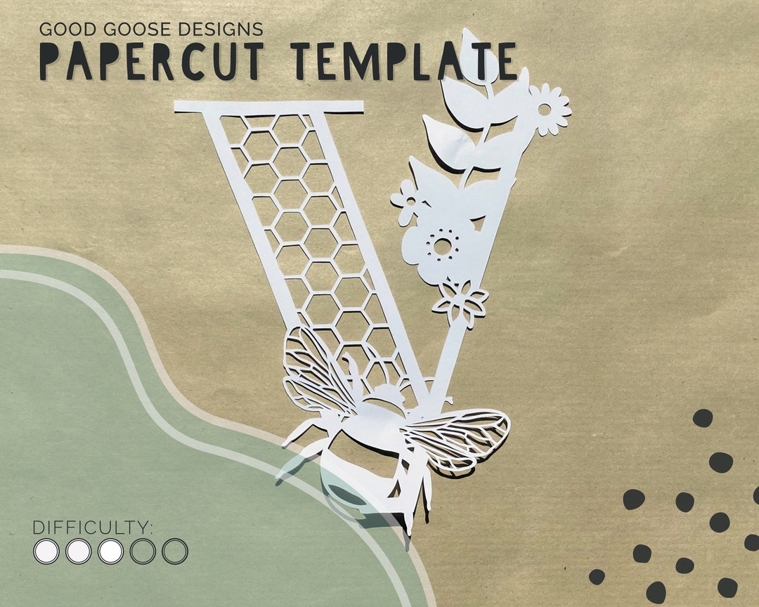 Letter V Papercut Template - Bee Honeycomb Flowers | PDF, SVG & PNG - Etsy
