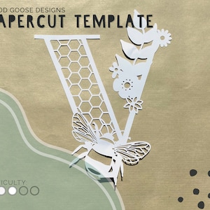 Letter V Papercut Template - Bee Honeycomb Flowers | PDF, SVG & PNG - Etsy