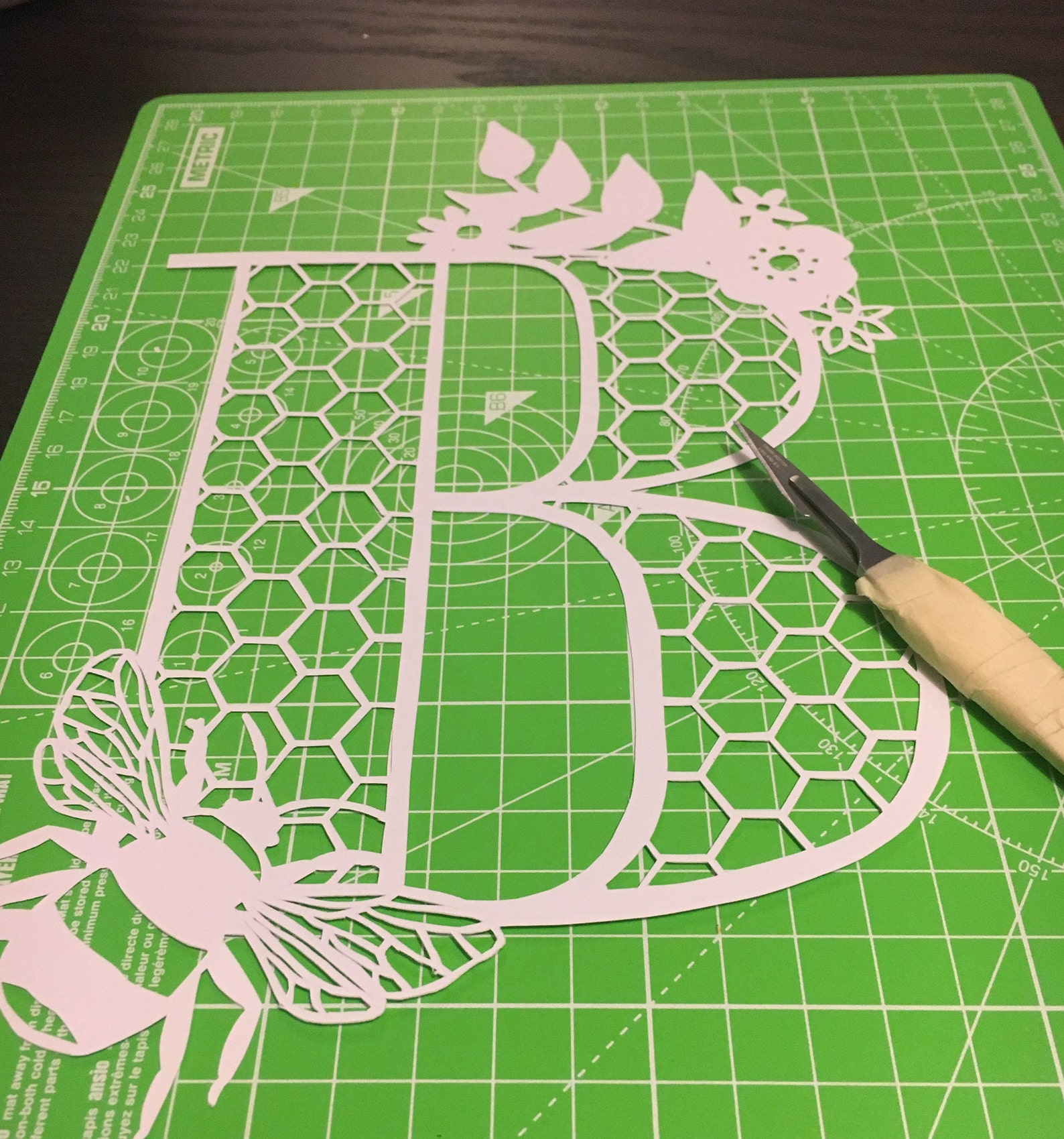 Letter N papercut template bee honeycomb flowers | Etsy